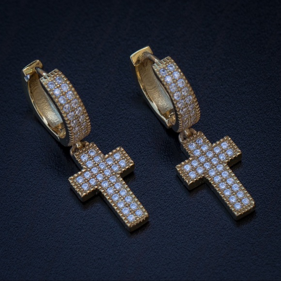Accessories | Mens Yellow Gold Diamond Cross Hoop Earrings | Poshmark
